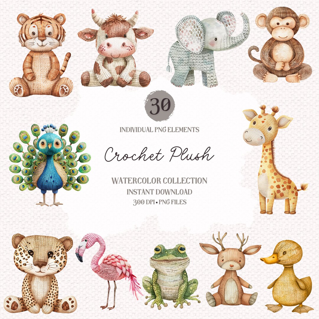 Watercolor Vintage Crochet Plush Animals Clipart Bundle - Nursery ...