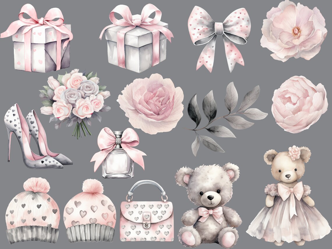 Pink & Gray Valentines Day Clipart Png Bundle 65 High Quality Pngs ...