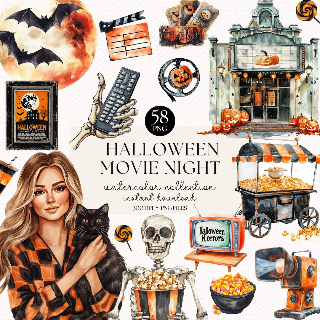 Watercolor Halloween Movie Night Clipart Bundle: 58 PNG Elements ...