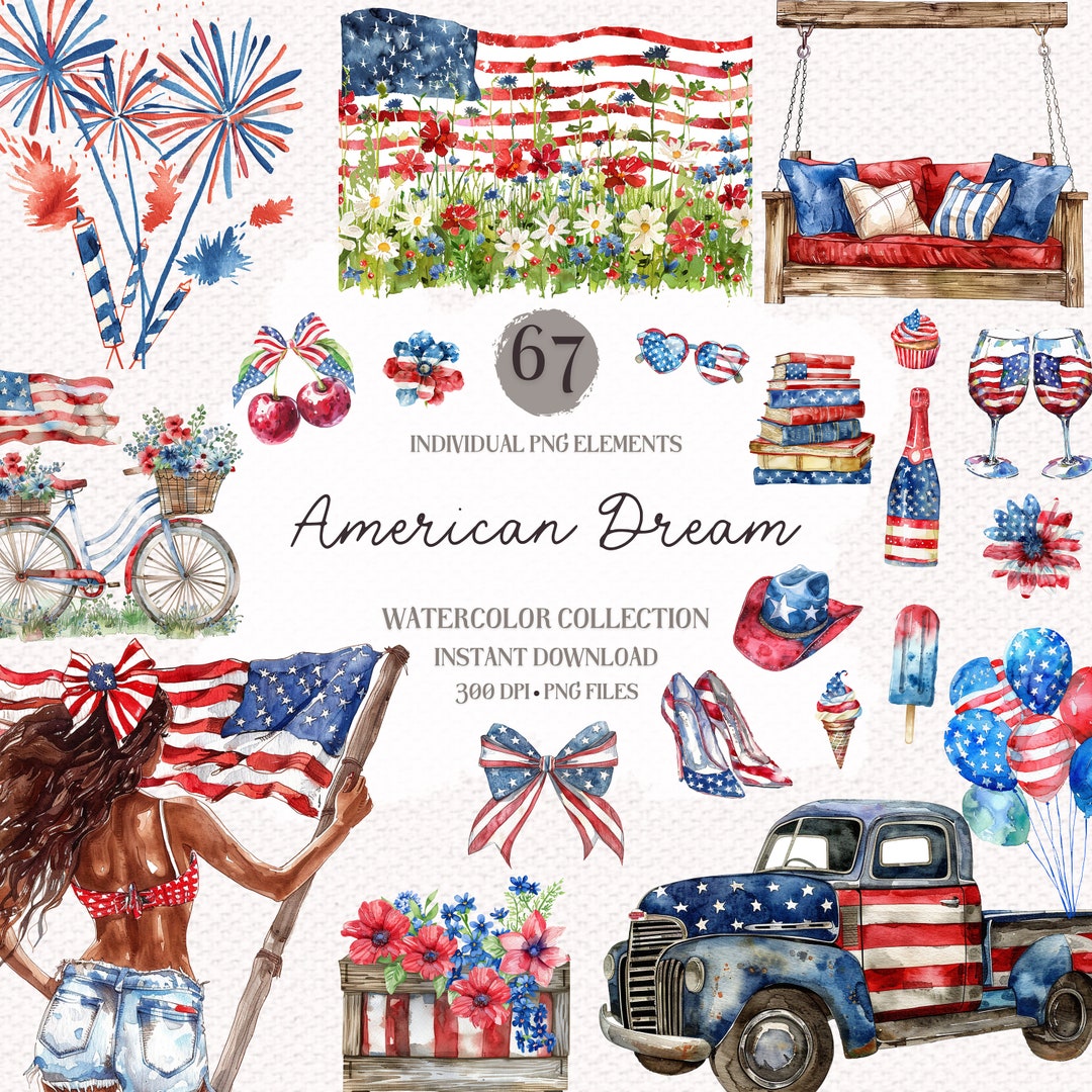 Watercolor 4th of July Clipart Bundle: Patriotic PNG Graphics (digital ...