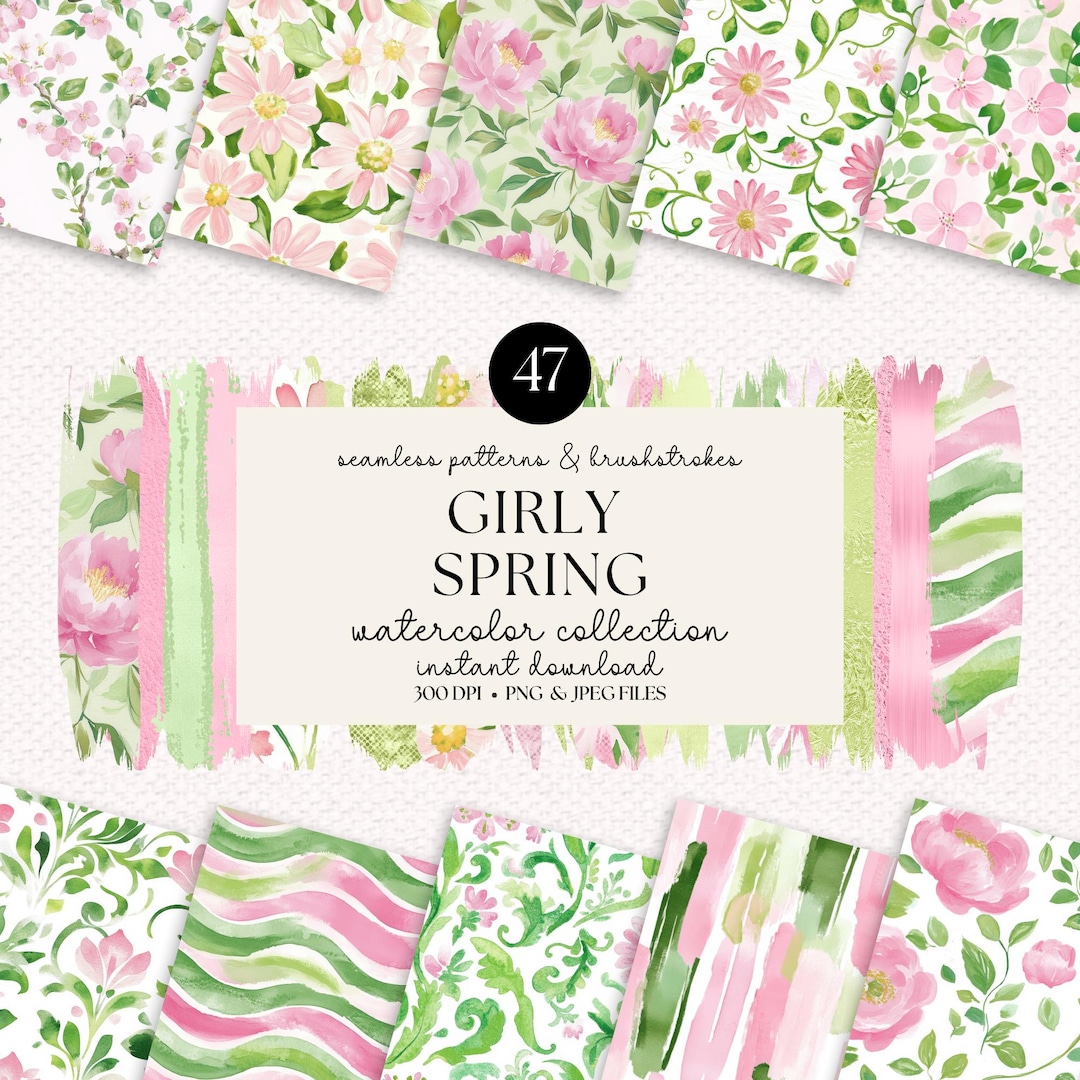 Girly Spring Watercolor Paper Bundle: Floral Seamless Patterns (digital ...
