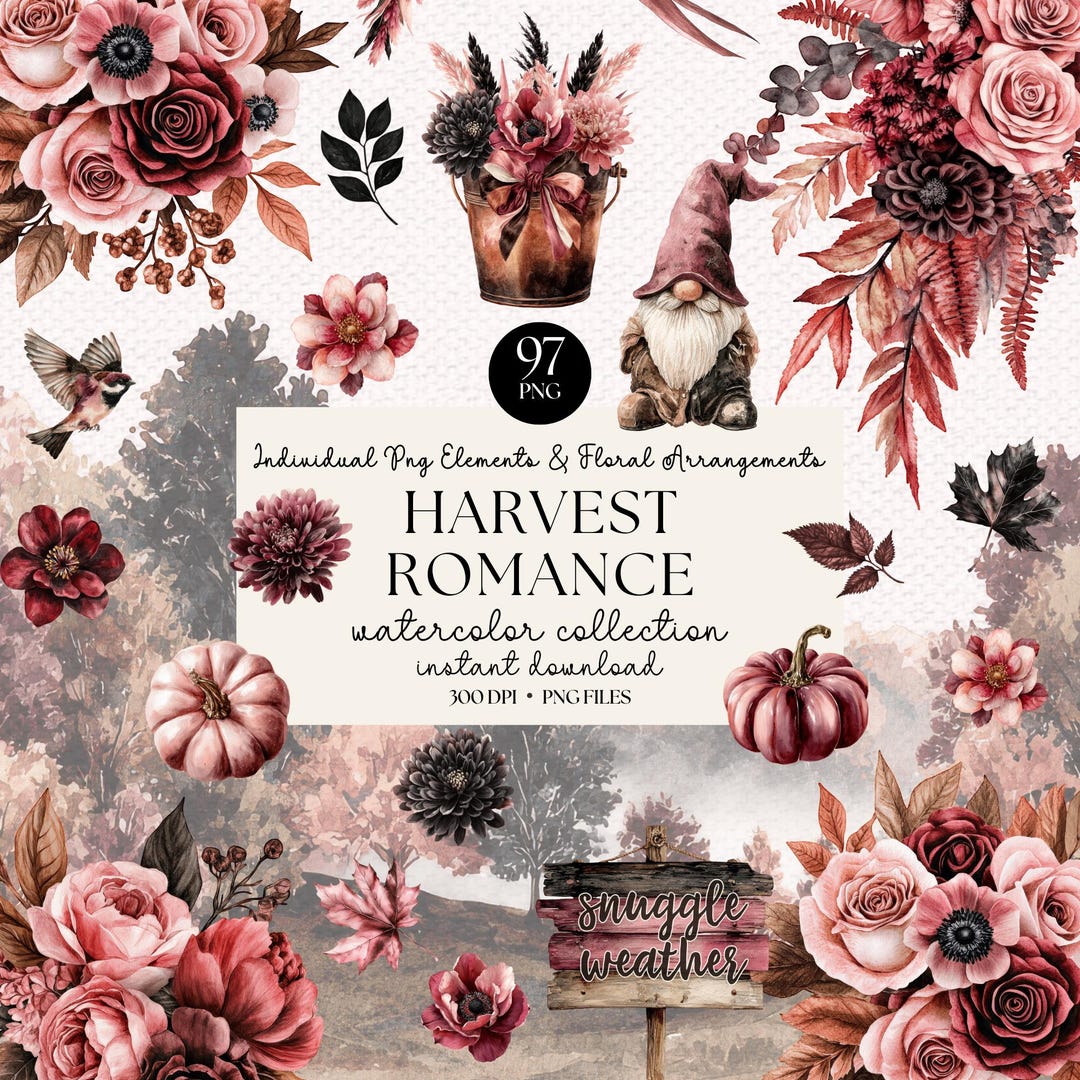 Fall Watercolor Clipart Bundle: Harvest Romance, Floral Pngs (digital ...