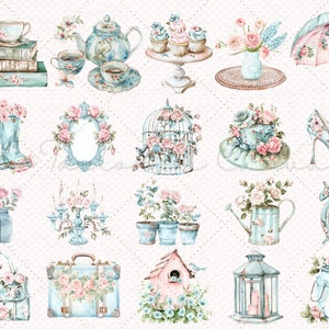 Shabby Chic Spring Clipart Bundle: Watercolor Graphics, Patterns ...