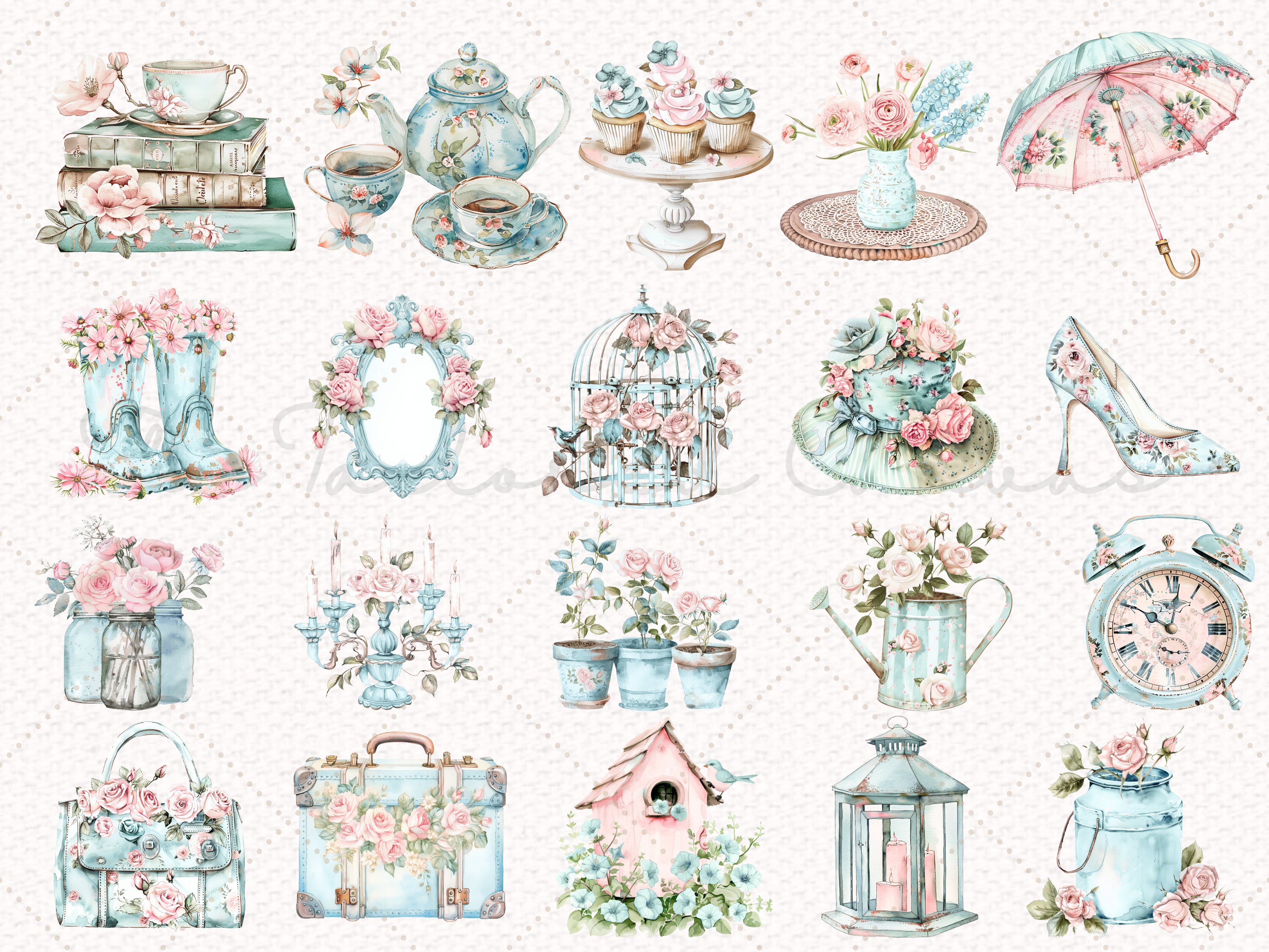 Shabby Chic Spring Clipart Bundle: Watercolor Graphics, Patterns ...