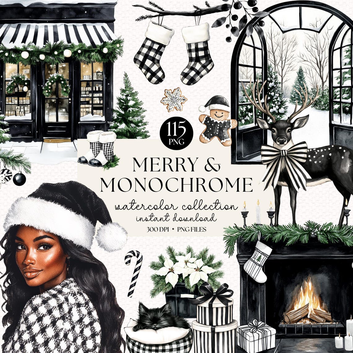 Black and White Christmas Clipart: Watercolor Holiday PNG Elements ...