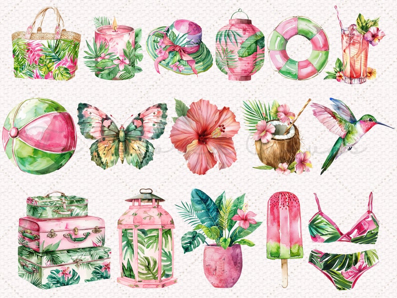 Watercolor Pink and Green Summer Clipart - Summer Clip Art Pngs ...