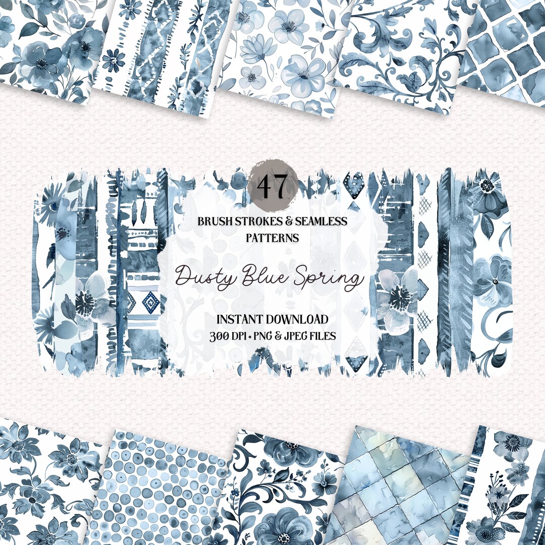 Dusty Blue Spring Patterns: Watercolor Brush Strokes (digital Download ...
