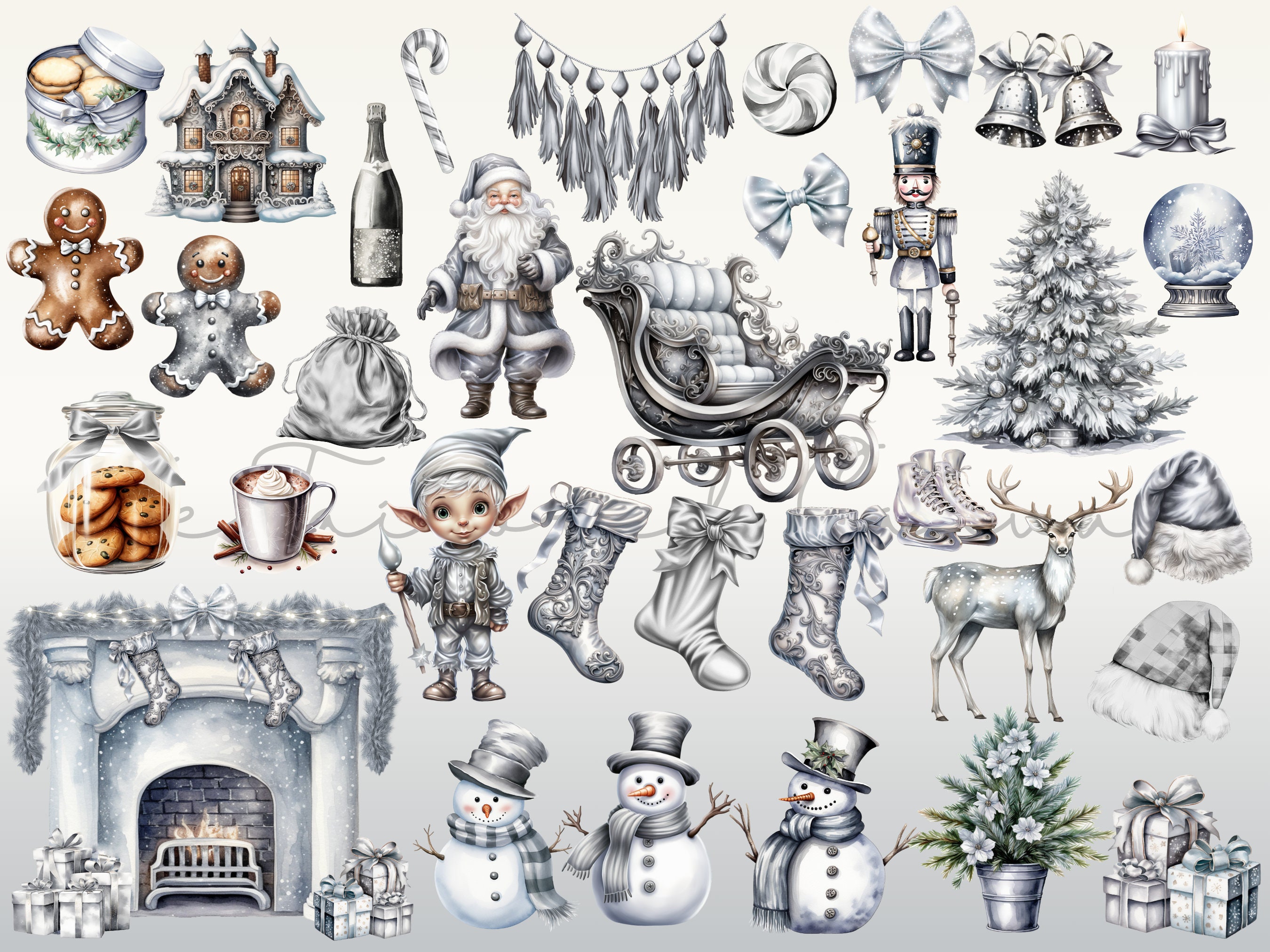 Silver Christmas Clipart Bundle: 150+ Watercolor PNG Designs (digital ...