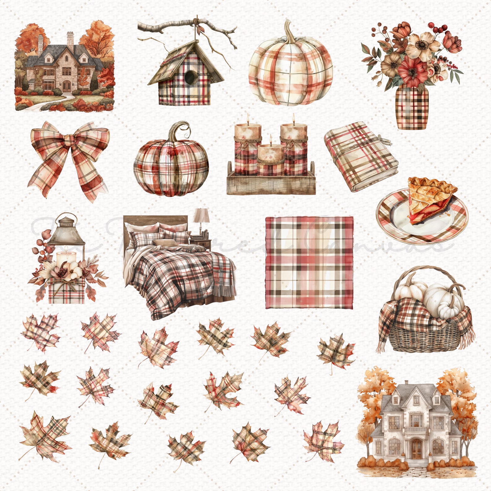 Watercolor Plaid Autumn Clipart Bundle Cozy Fall Pngs, Digital ...