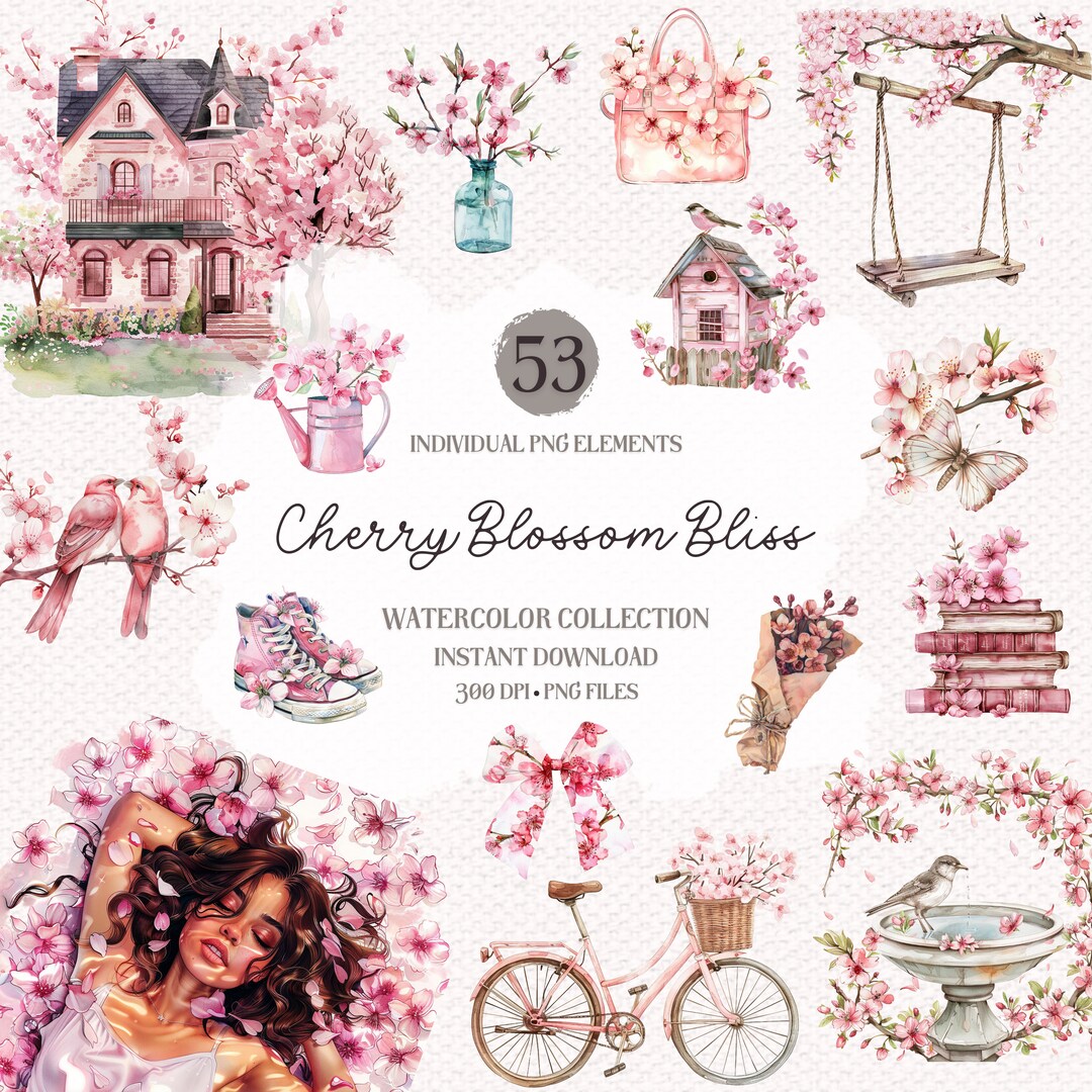 Cherry Blossom Clipart Set - Pink Spring Floral Graphics, Sakura ...