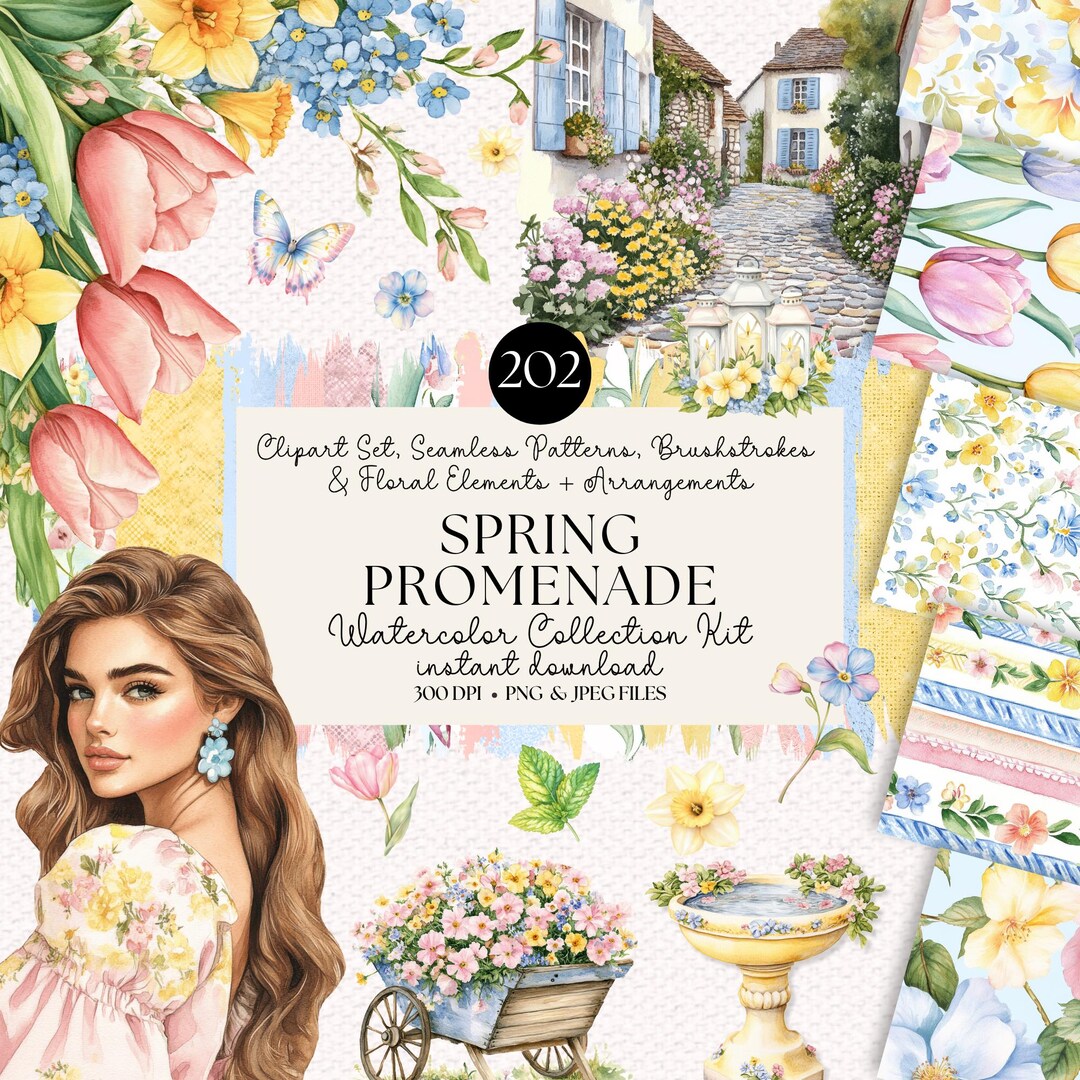 Spring Watercolor Clipart Bundle: Floral Pngs, Seamless Patterns ...