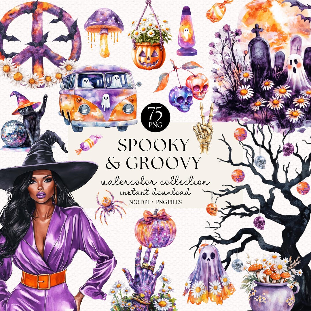 Watercolor Groovy Halloween Clipart Bundle: 75 Retro PNG Elements ...