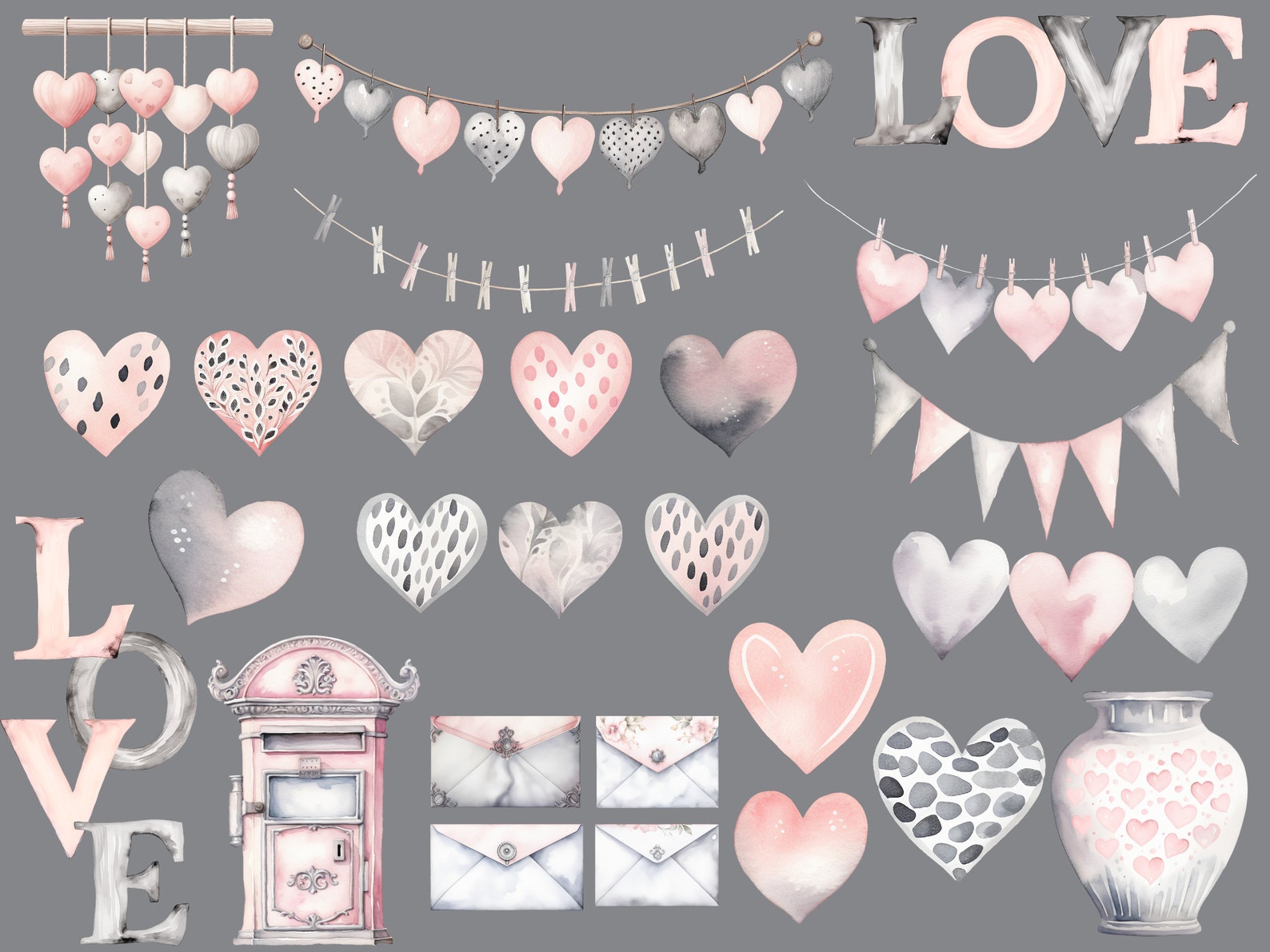 Pink & Gray Valentines Day Clipart Png Bundle 65 High Quality Pngs ...