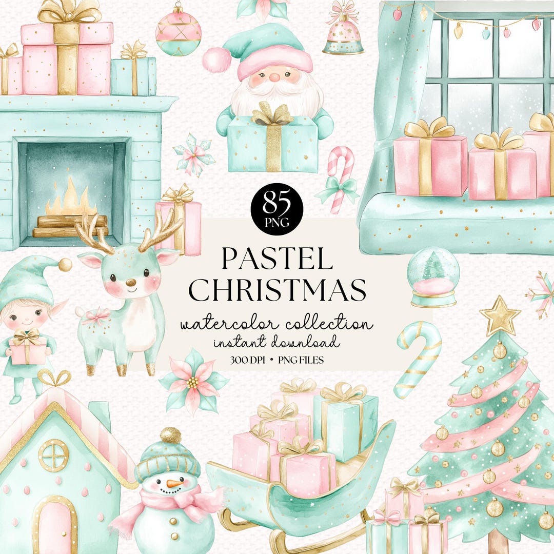 Pastel Christmas Clipart Bundle: Watercolor Holiday PNG (digital ...