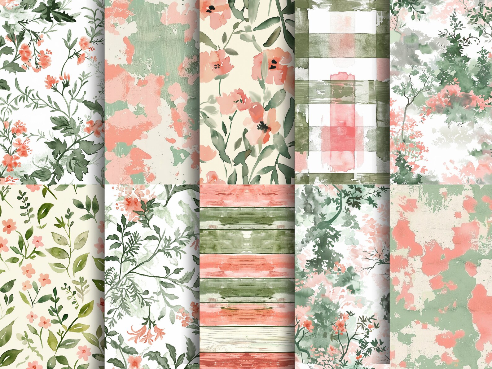 Watercolor Spring Farm Seamless Patterns and Brush Strokes, JPEG ...