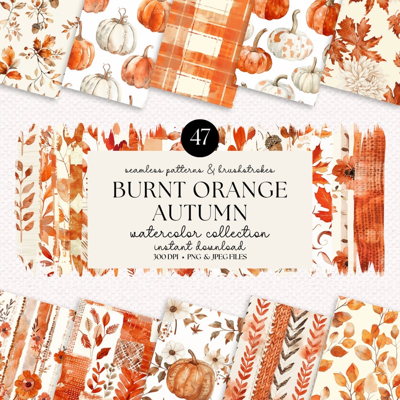 Burnt Orange Autumn Watercolor Patterns: Brush Strokes Bundle (digital ...