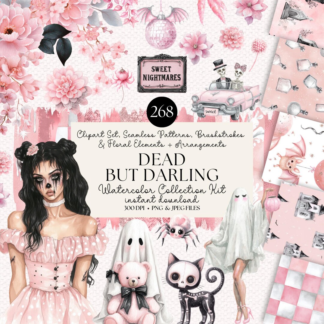Pink Gothic Halloween Clipart Bundle: Watercolor Patterns, Brushstrokes ...