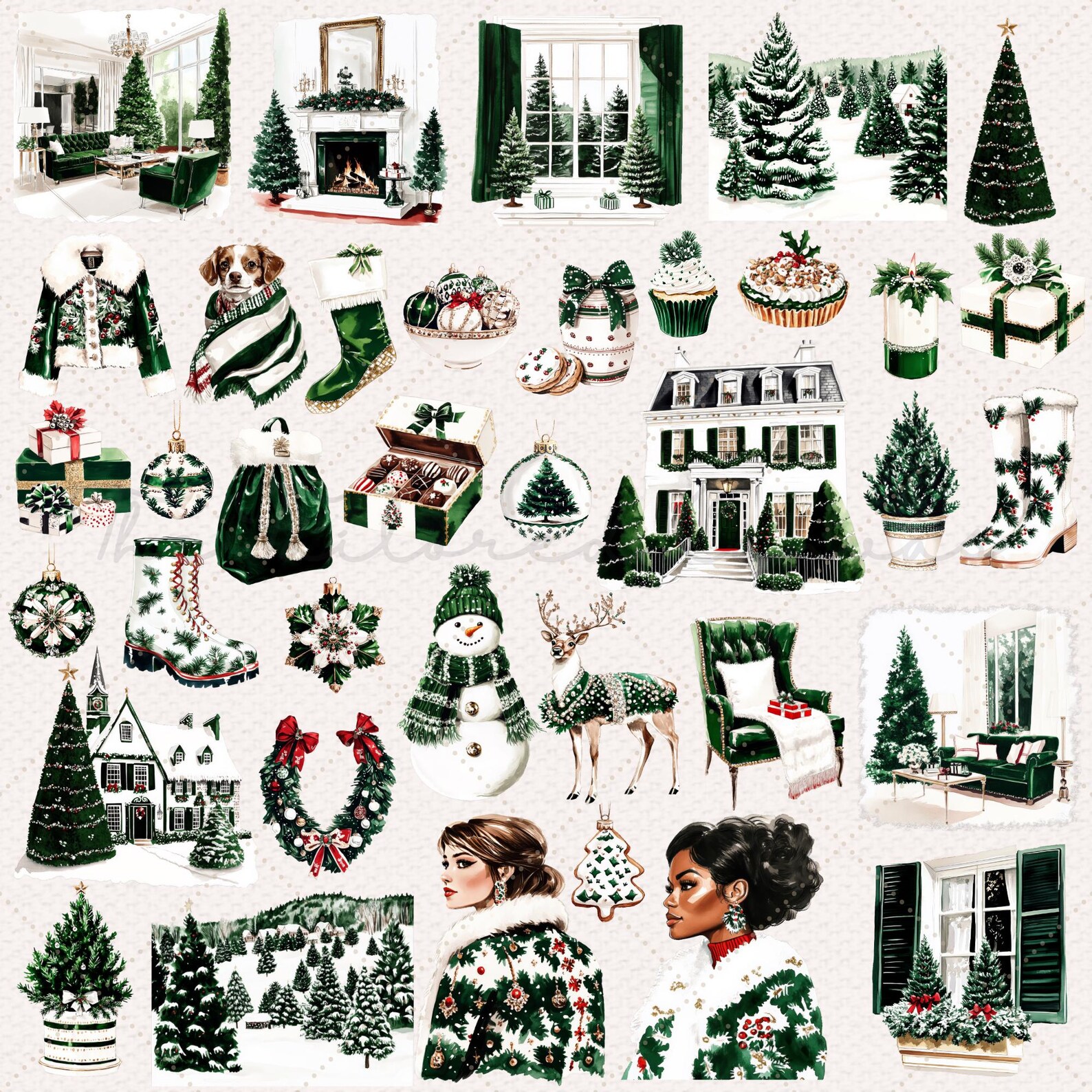 Watercolor Christmas Clipart Bundle: 92 Holiday Opulence Elements ...