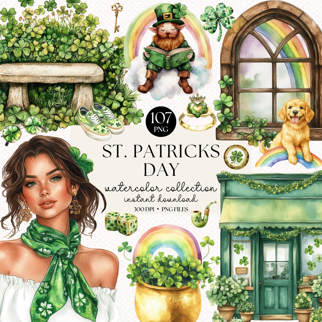 St. Patrick's Day Watercolor Clipart Bundle: Shamrocks, Rainbows (107 ...