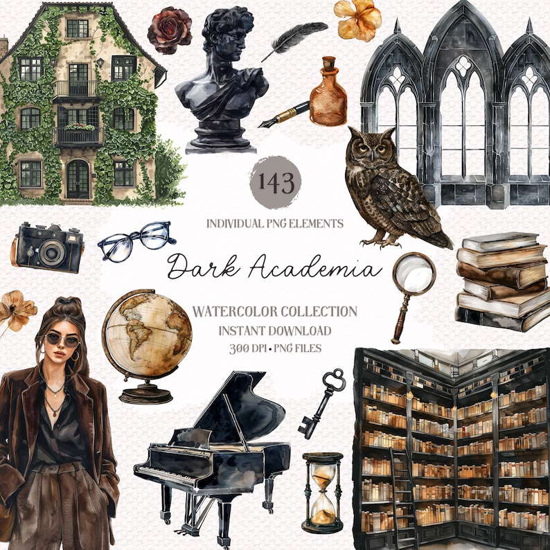 Watercolor Dark Academia Clipart Bundle - Bookworm Clipart, Dark ...