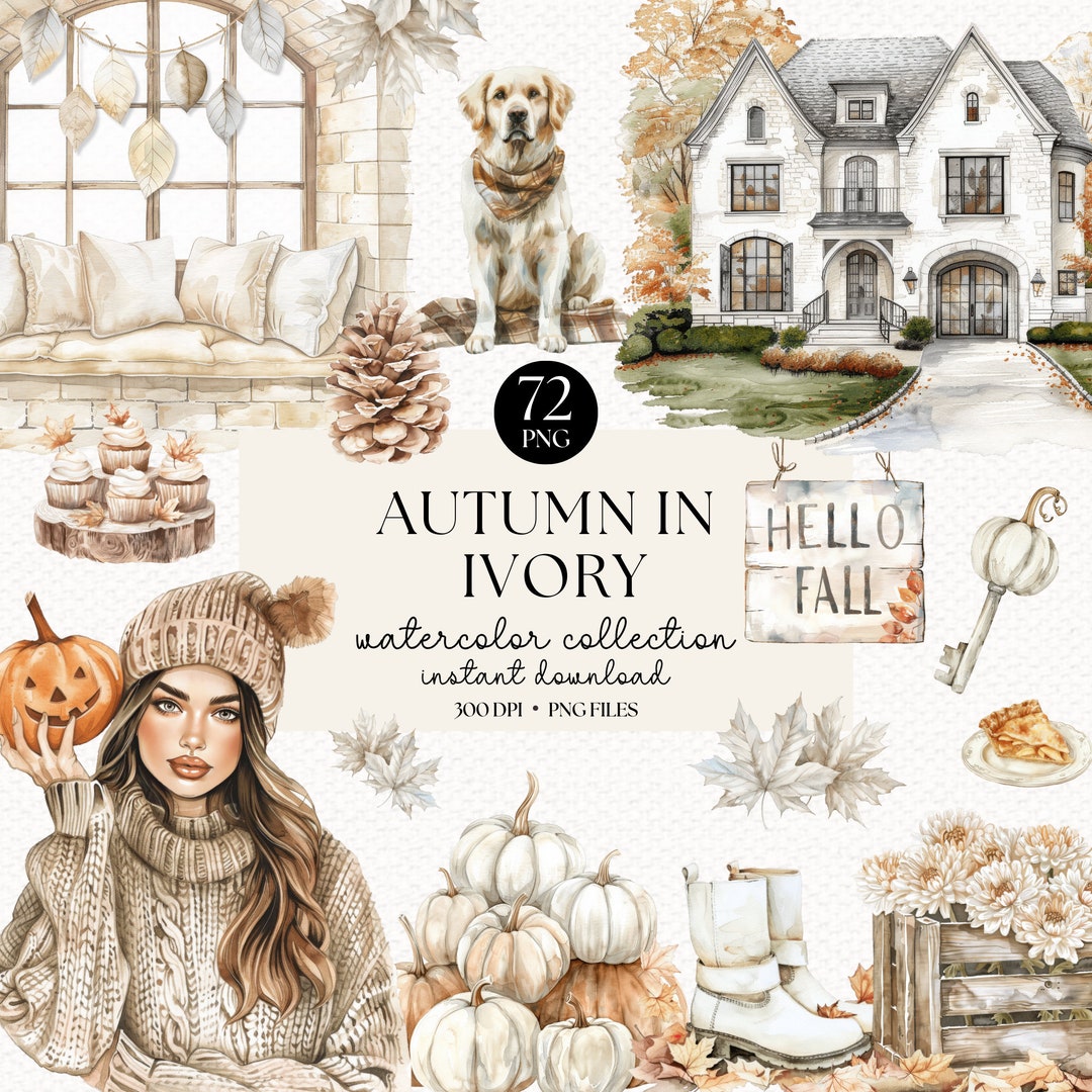 Watercolor Autumn Clipart Bundle: Neutral Cottagecore Pngs (72 Elements ...