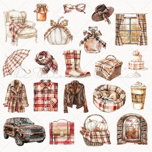 Watercolor Plaid Autumn Clipart Bundle - Cozy Fall Pngs, Digital ...