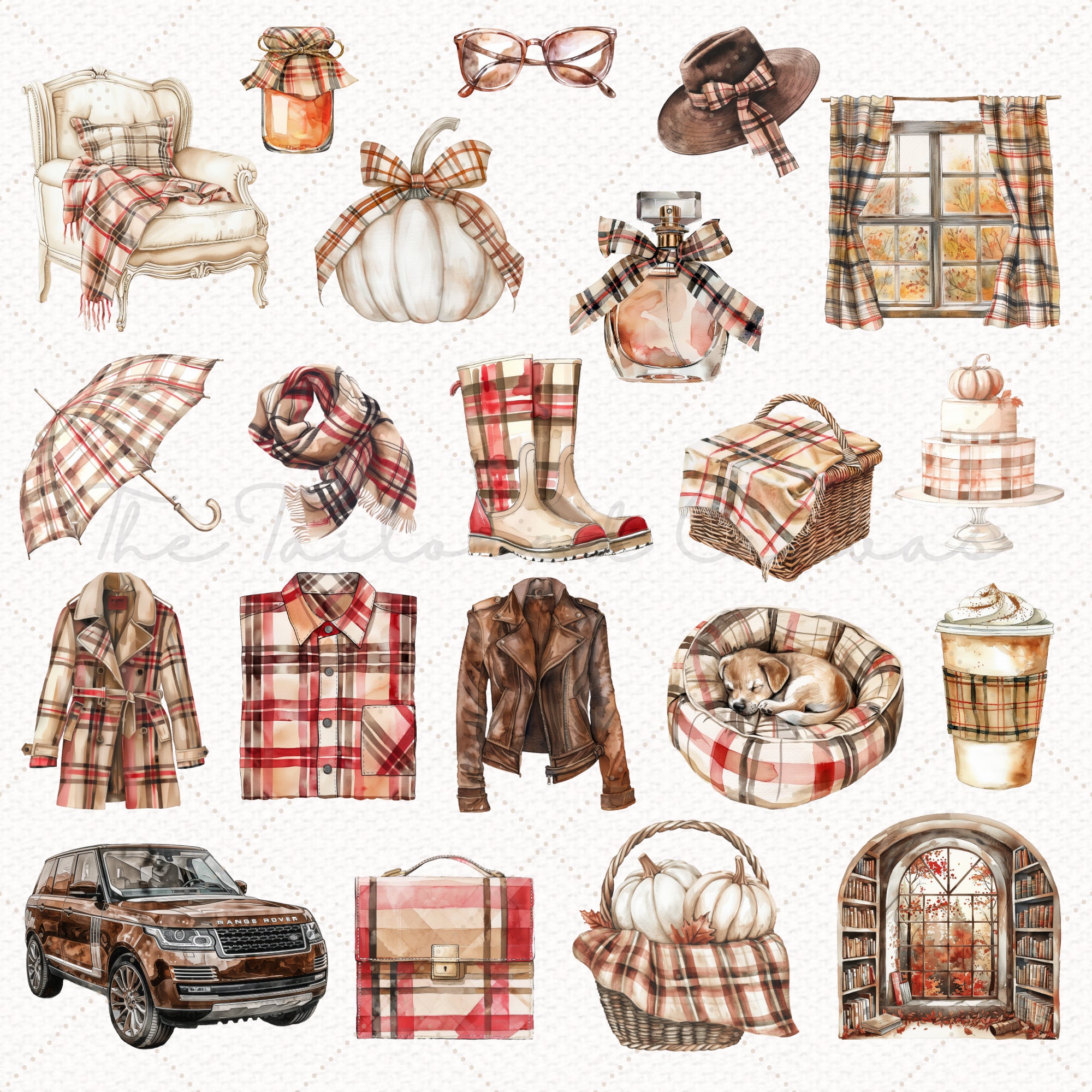 Watercolor Plaid Autumn Clipart Bundle - Cozy Fall Pngs, Digital ...