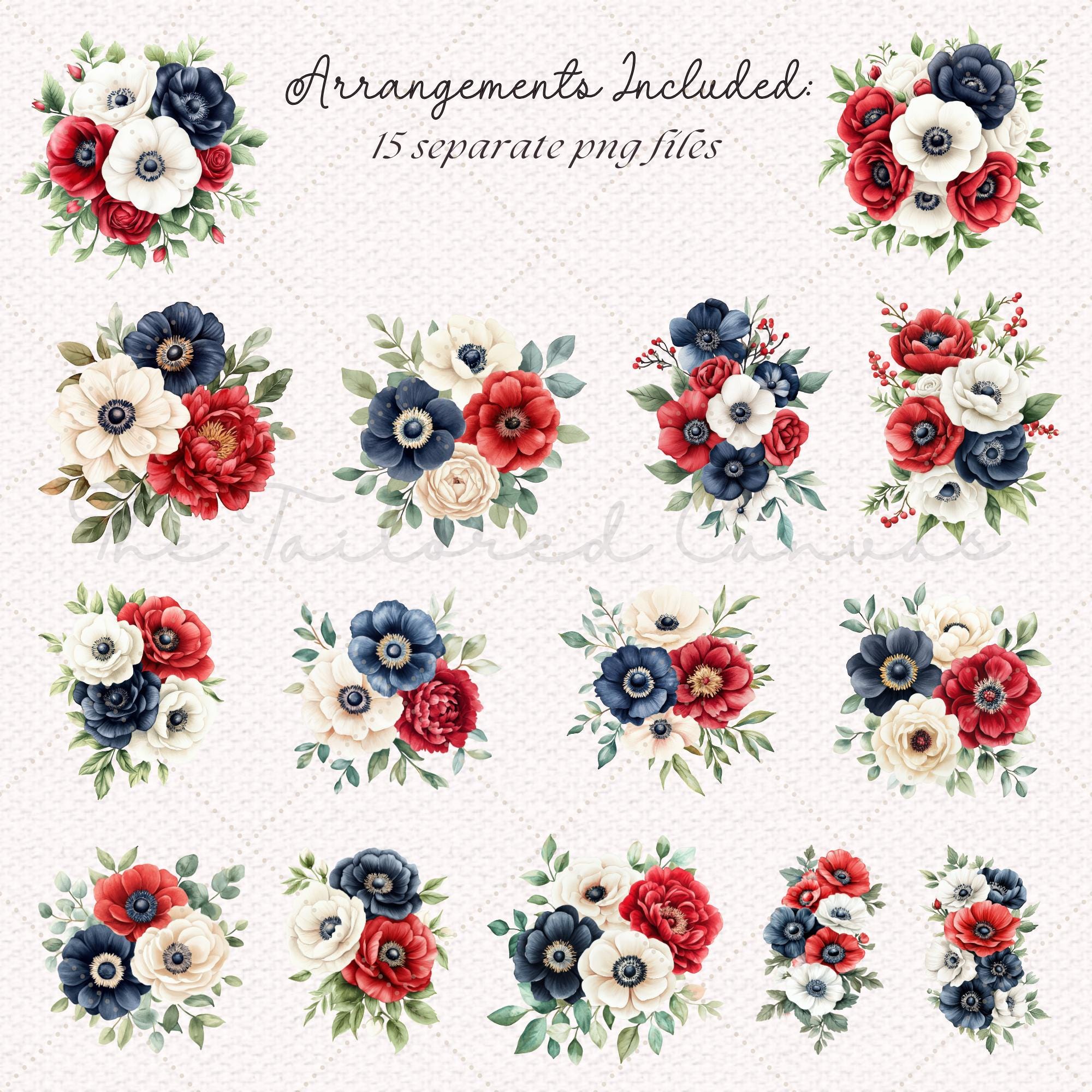 Nautical Watercolor Floral Clipart: Red, White & Blue PNG Elements ...
