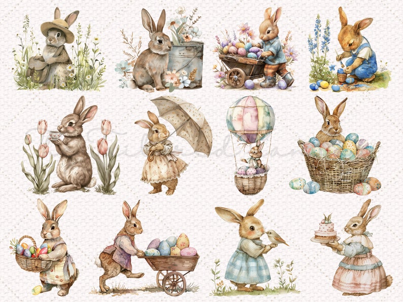 Cute Bunnies Clipart High Quality Pngs, Vintage Easter Rabbits Clip Art ...
