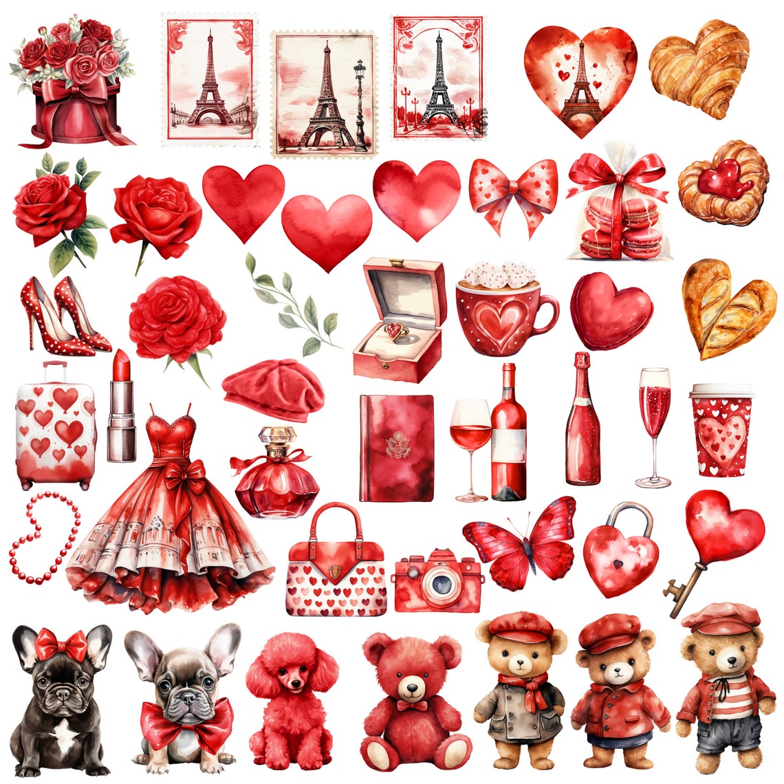 Red Paris Valentine's Day Clipart: Watercolor PNG Bundle (62 Elements ...