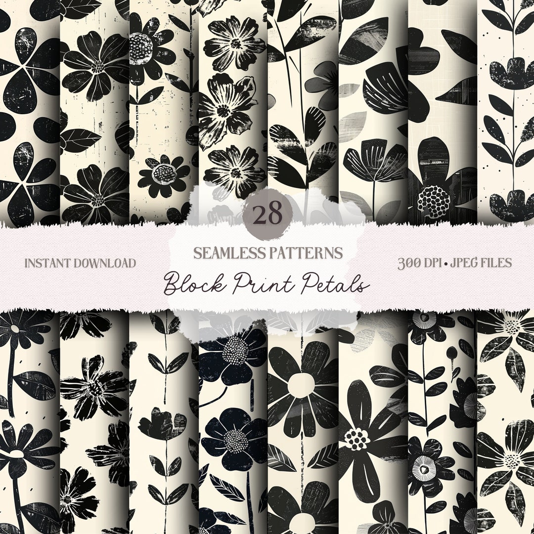 Floral Block Print Seamless Patterns: 28 Black & White Designs (digital ...