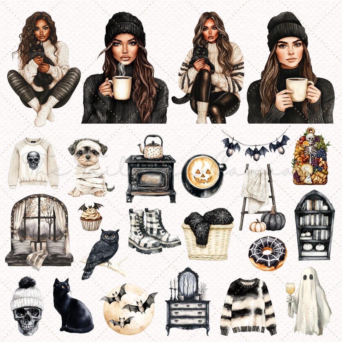 Watercolor Halloween Clipart Bundle: 78 Spooky Cozy Illustrations ...