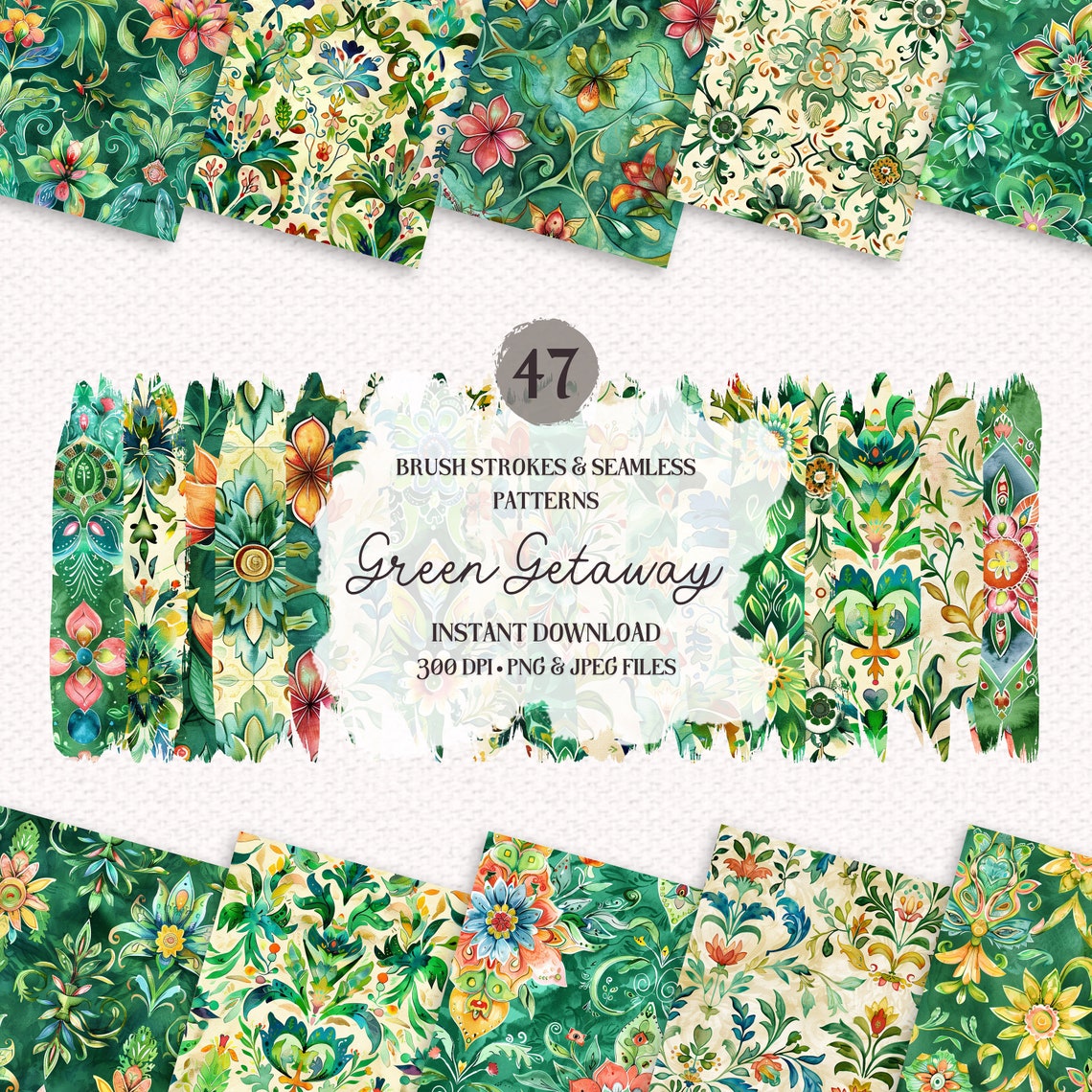 Watercolor Green Summer Seamless Patterns and Brush Strokes Bundle 47 ...