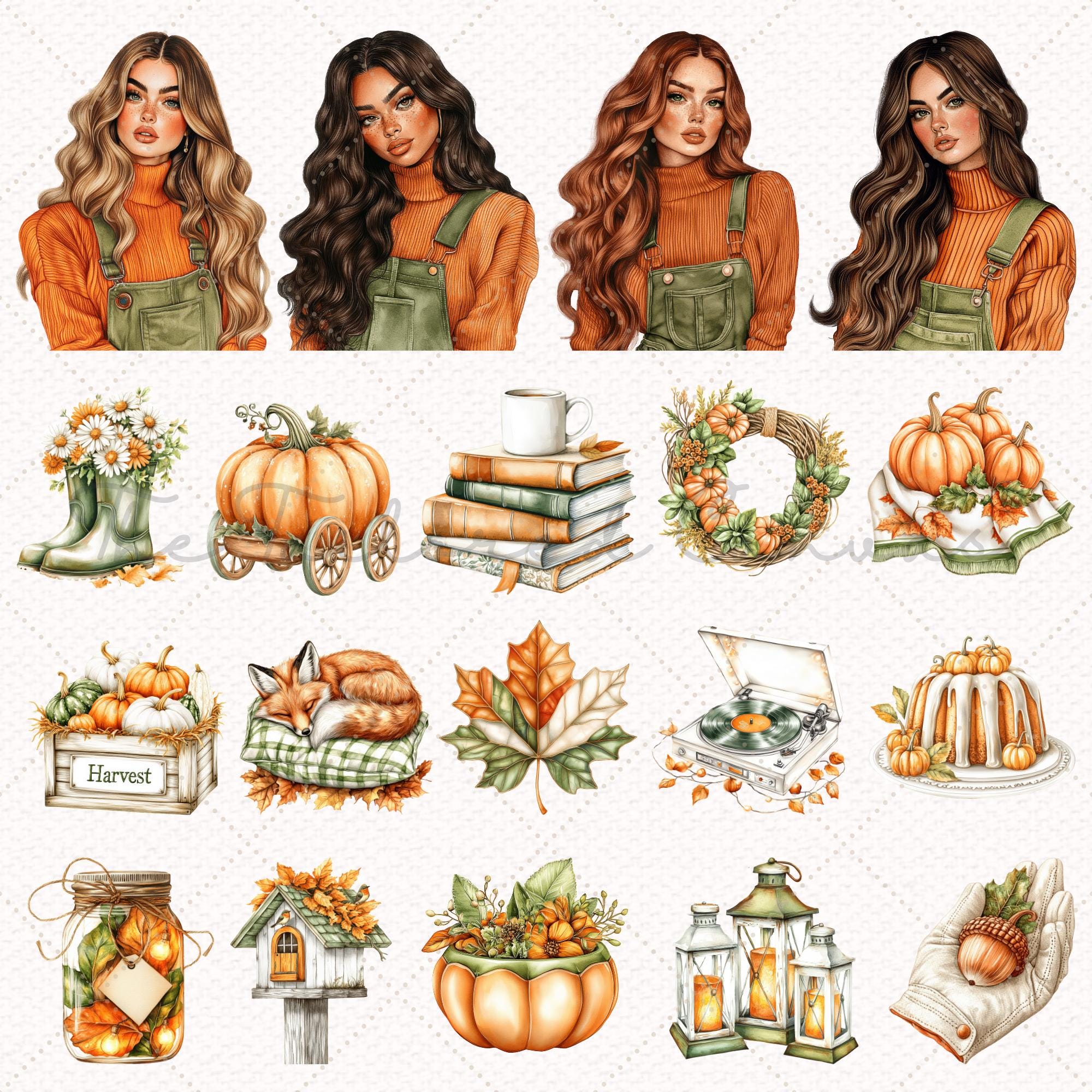 Autumn Watercolor Clipart Bundle: Pumpkin, Floral, Harvest PNG (instant ...