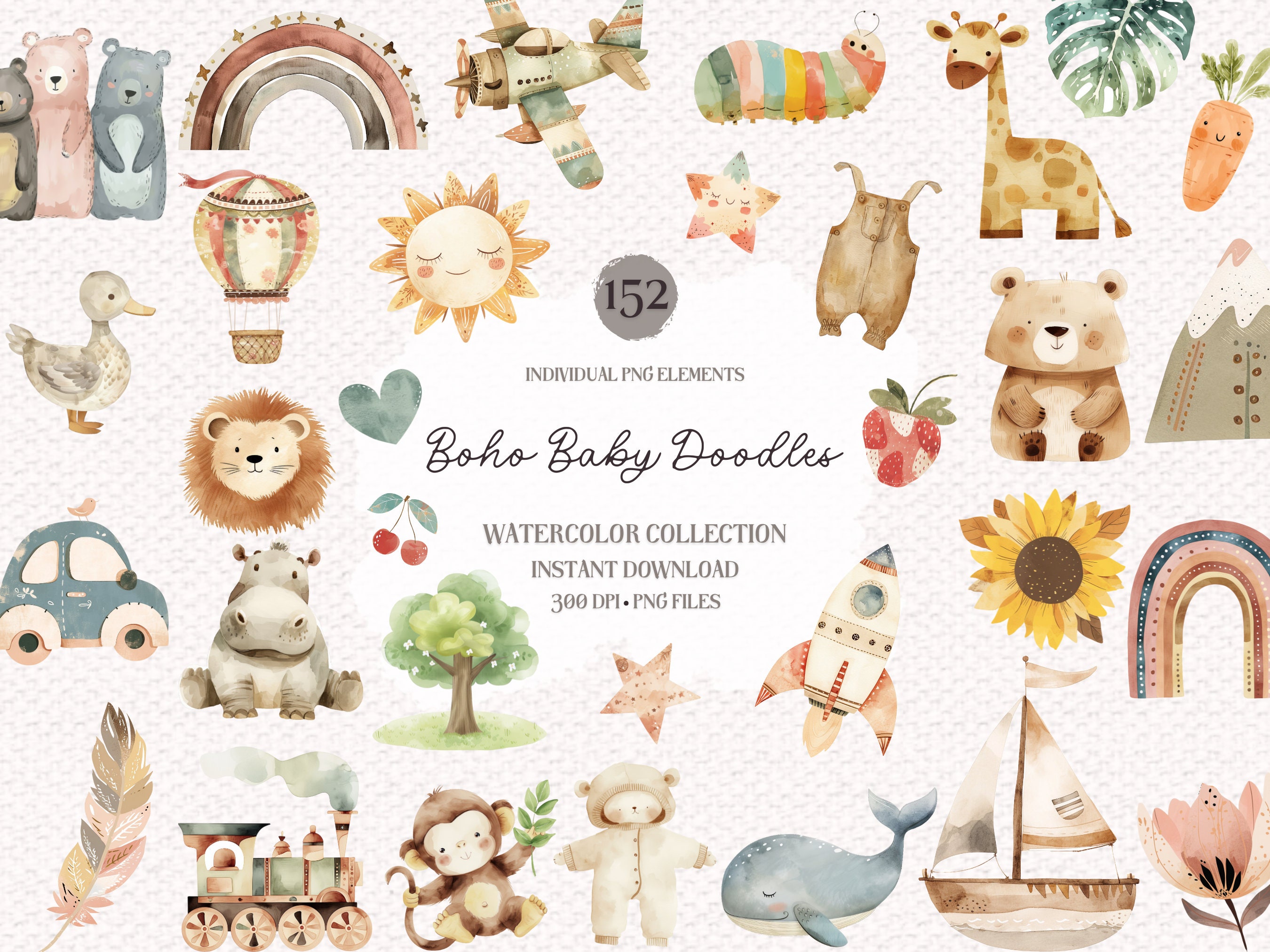 Boho Baby Watercolor Clipart, Nursery Animal Clip Art, Boho Baby ...