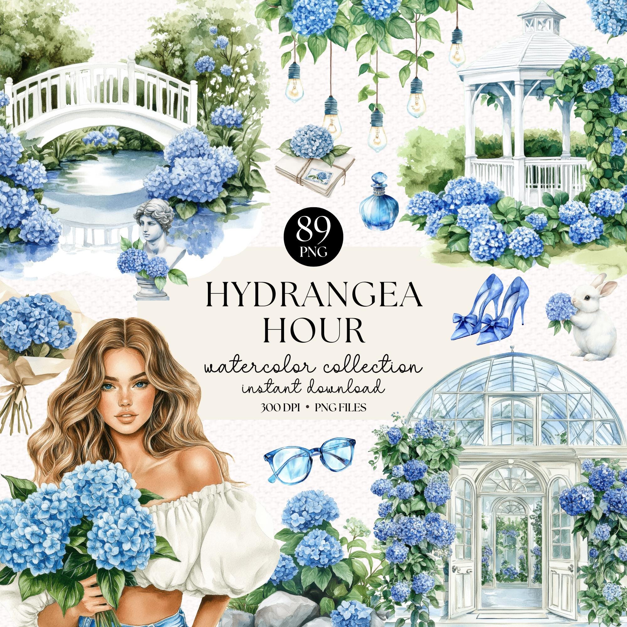 Watercolor Hydrangea Clipart Bundle: Blue Florals, Garden Elements ...
