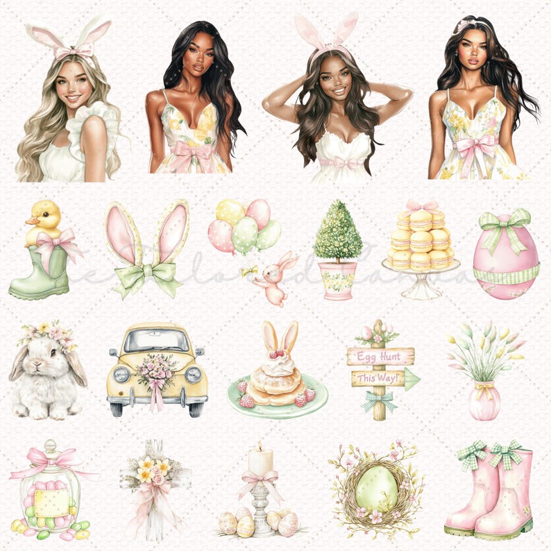Watercolor Easter Clipart Bundle: Bunny, Chick, Eggs, and Florals (PNG ...