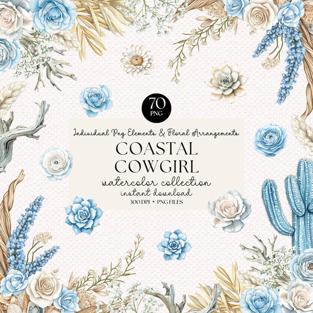 Coastal Cowgirl Clipart Bundle: Watercolor Western Floral PNG (digital ...