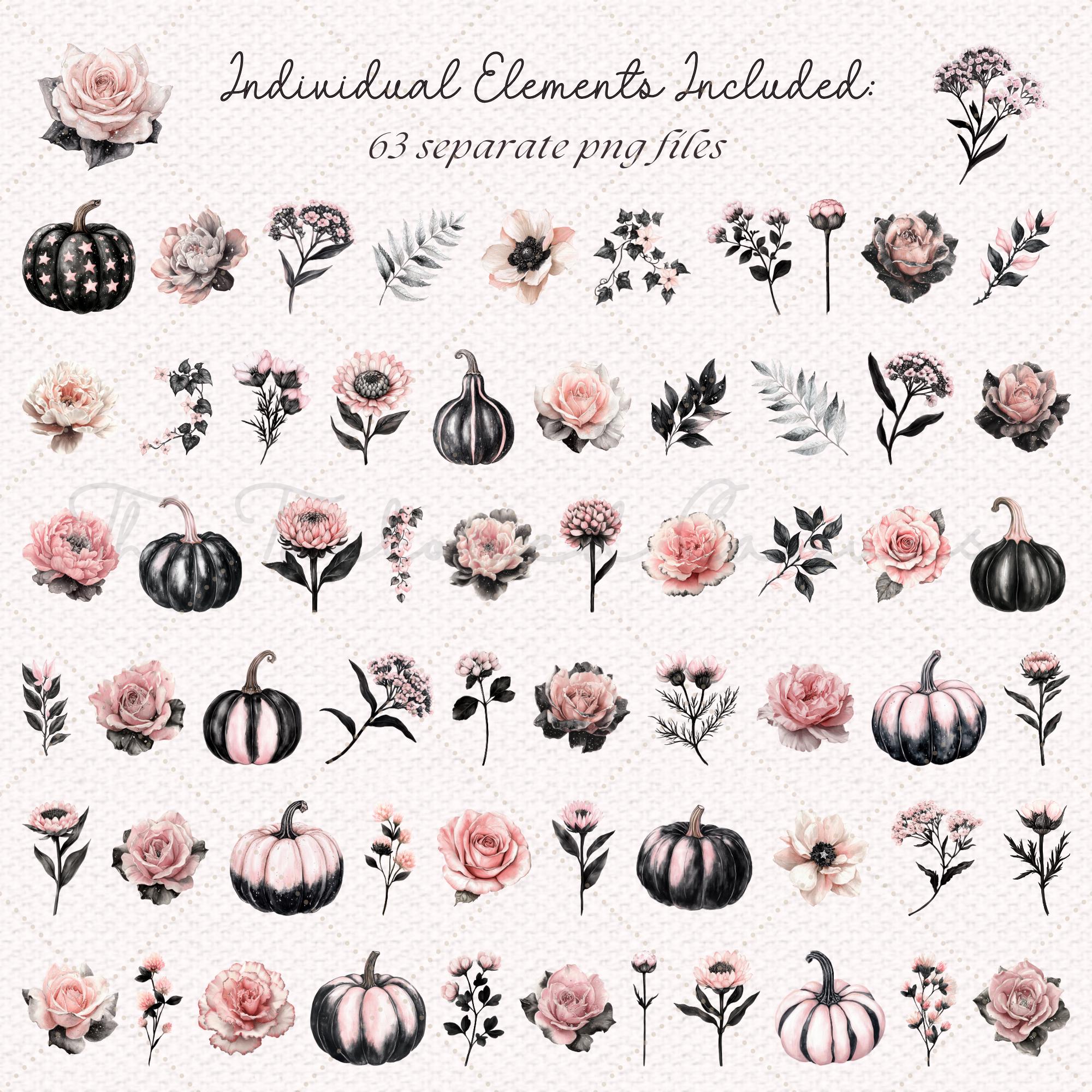 Coquette Coven Watercolor Clipart: Gothic Roses, Pumpkins, Bats (PNG ...