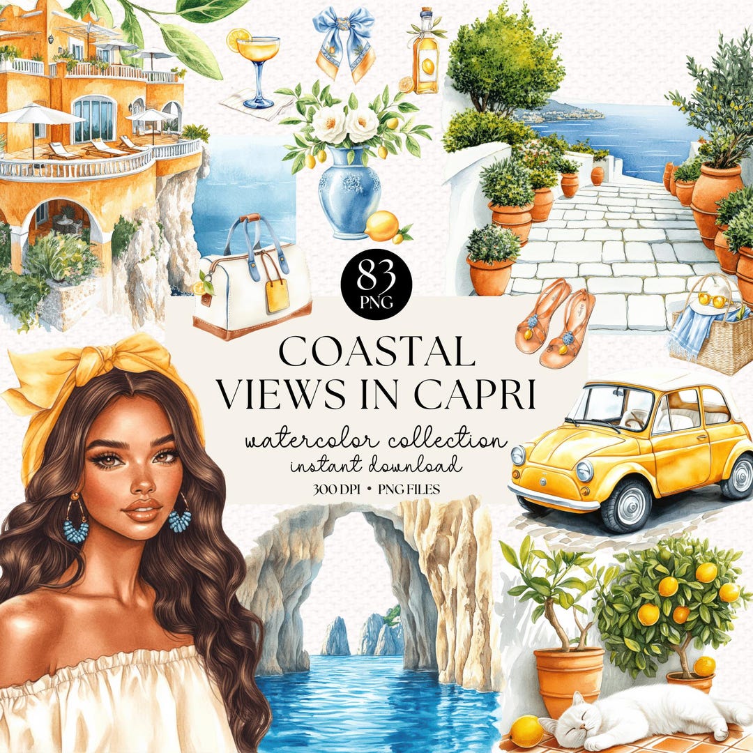 Capri Coast Watercolor Clipart Set: Italian Girls, Lemons, Vespa (PNG ...