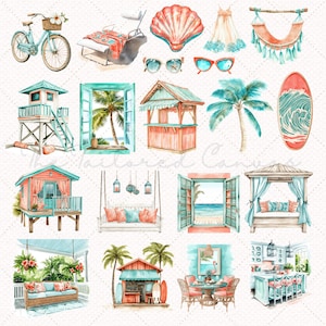 Watercolor Beach Clipart Bundle: Tropical Girl, Palm Trees, Surfboards ...