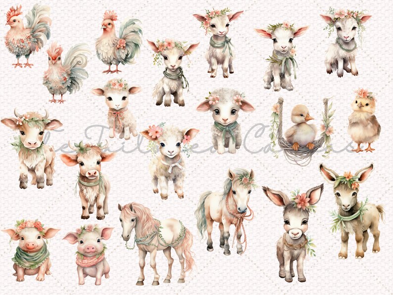 Watercolor Spring Farm Clipart Bundle: 64 PNG Designs (digital Download ...