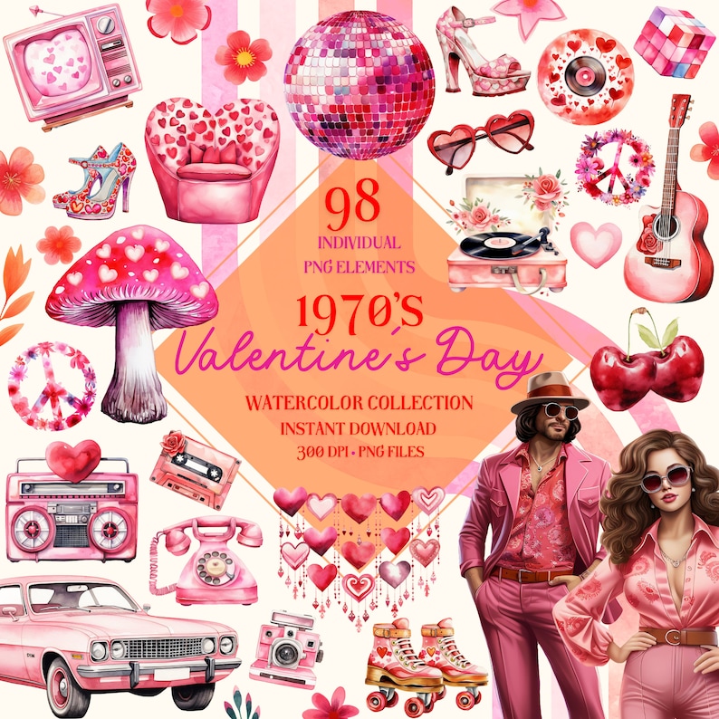 Retro Valentine's Day Clipart Png Bundle 98 High Quality Pngs ...