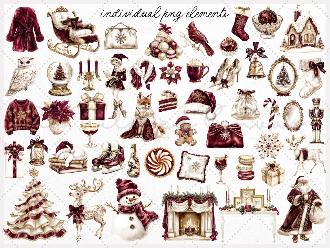Burgundy Gold Christmas Clipart: Watercolor Floral Graphics (digital ...
