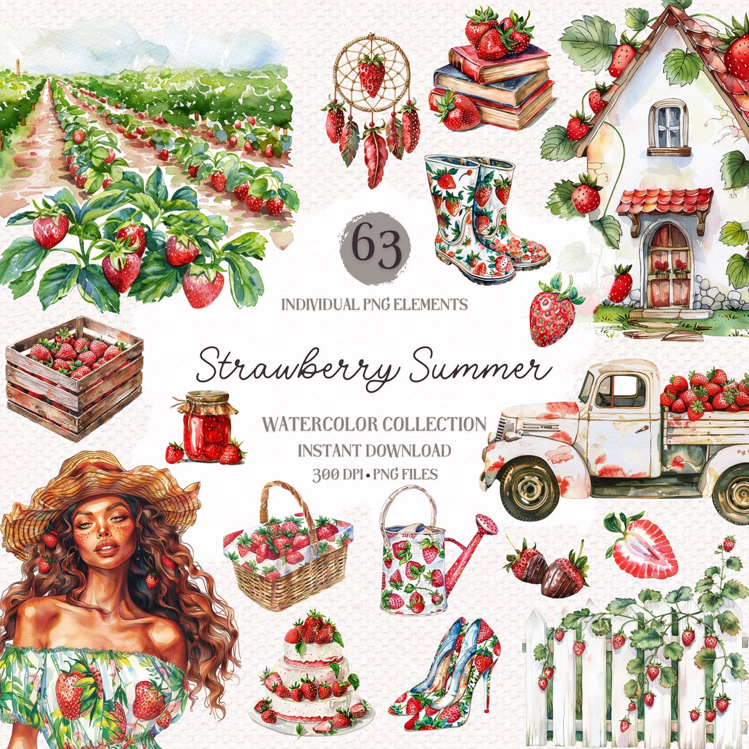 Watercolor Strawberry Summer Clipart Bundle - High Quality Pngs ...