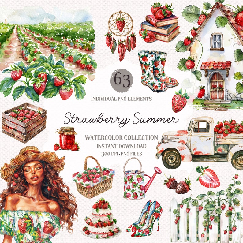 Watercolor Strawberry Summer Clipart Bundle High Quality Pngs ...
