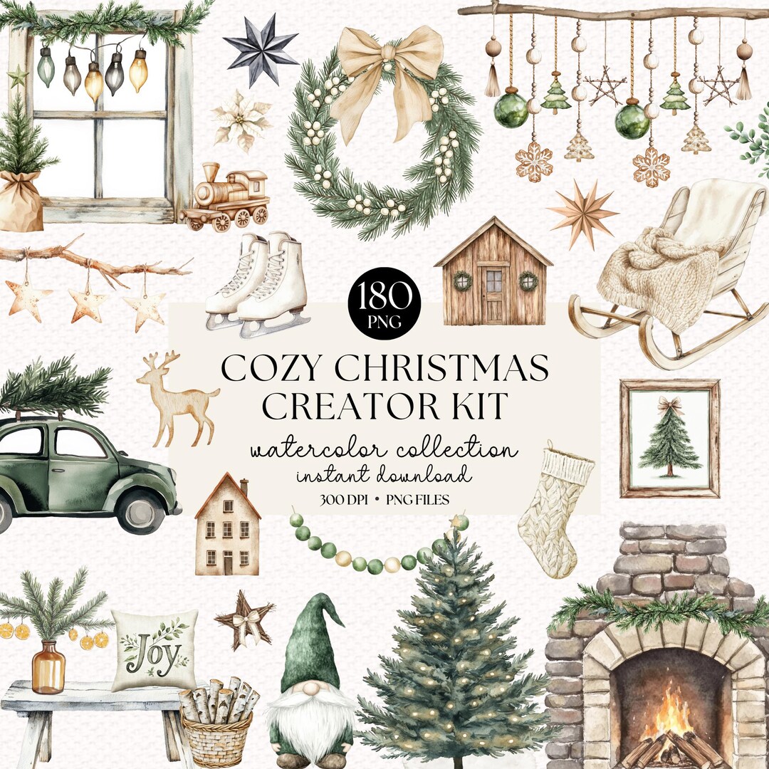 Watercolor Christmas Clipart Bundle: 180 Cozy Holiday Elements (digital ...