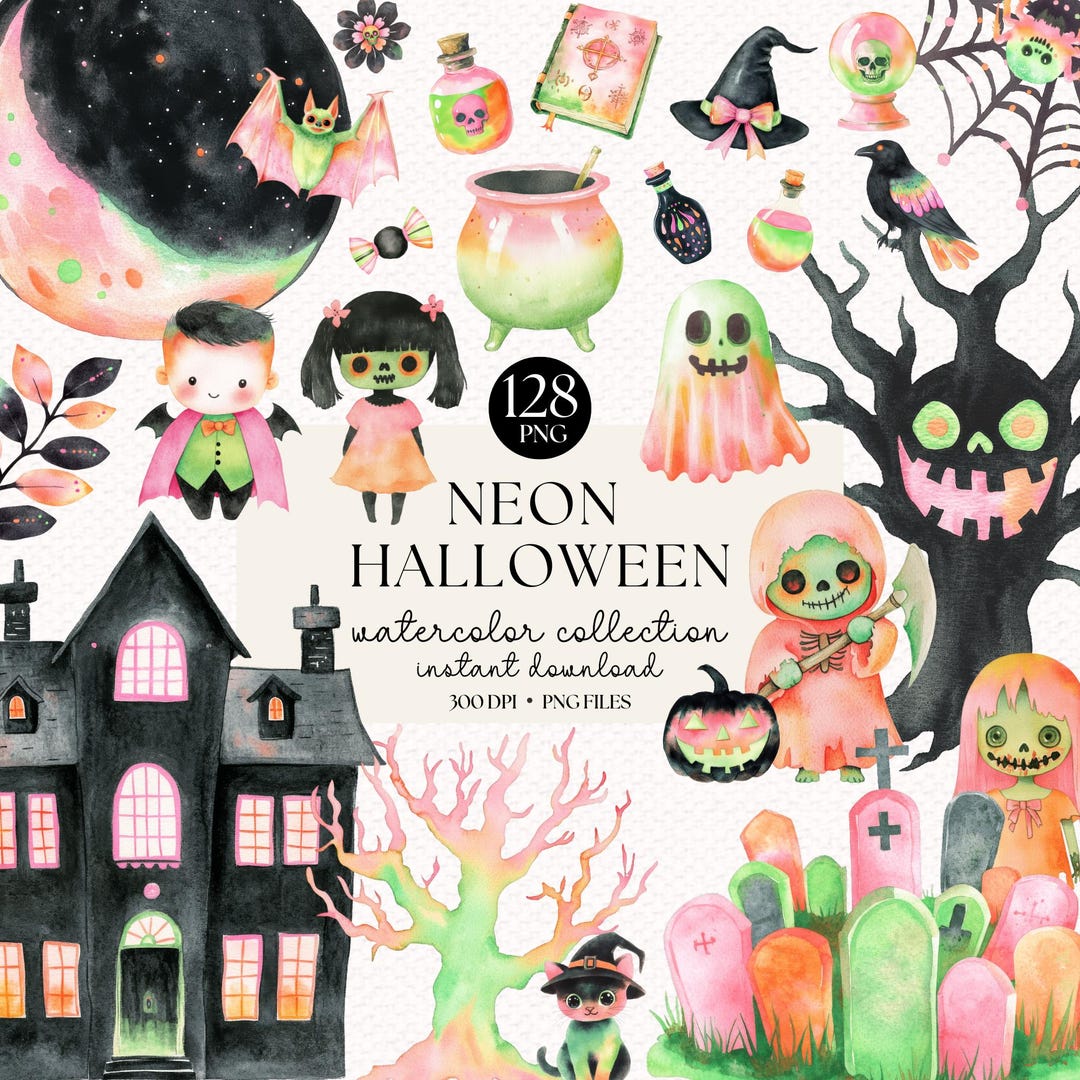 Neon Halloween Clipart Bundle - Cute Spooky PNG, Digital Art, Instant ...