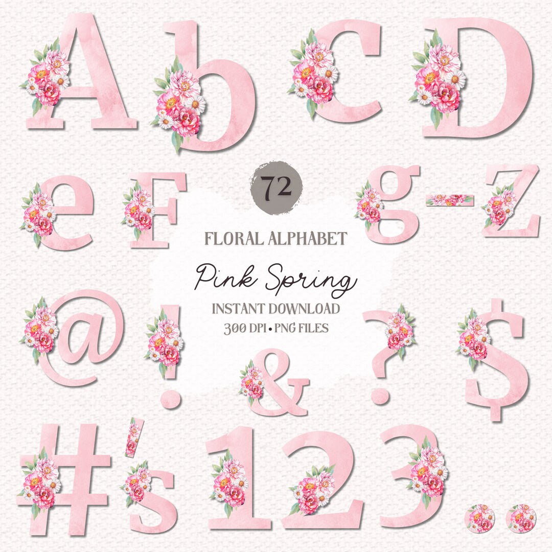 Pink Floral Alphabet PNG Set: Watercolor Spring Monogram (digital ...
