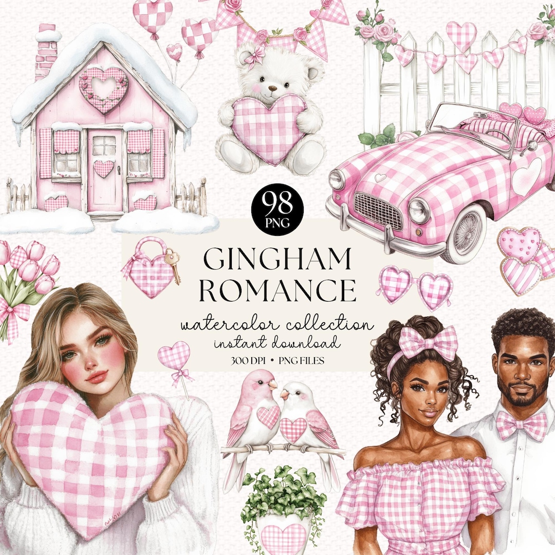 Gingham Valentine's Day Watercolor Clipart: 98 Pngs (digital Download ...